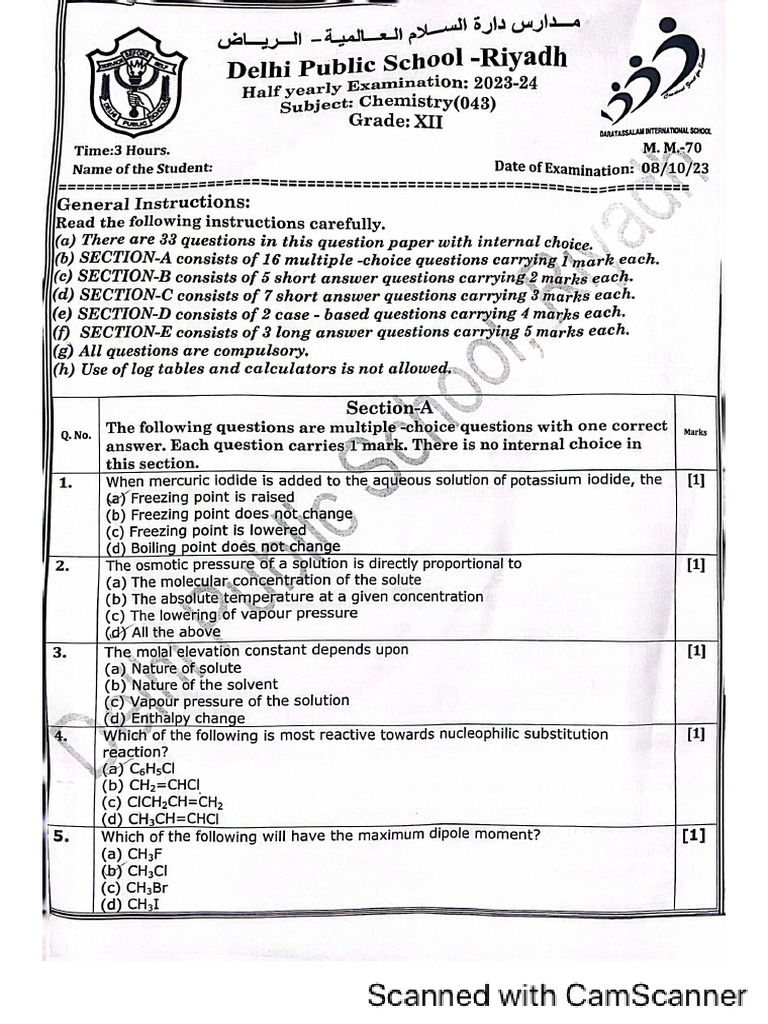 DPS XII Chemistry Halfyearly Paper | PDF