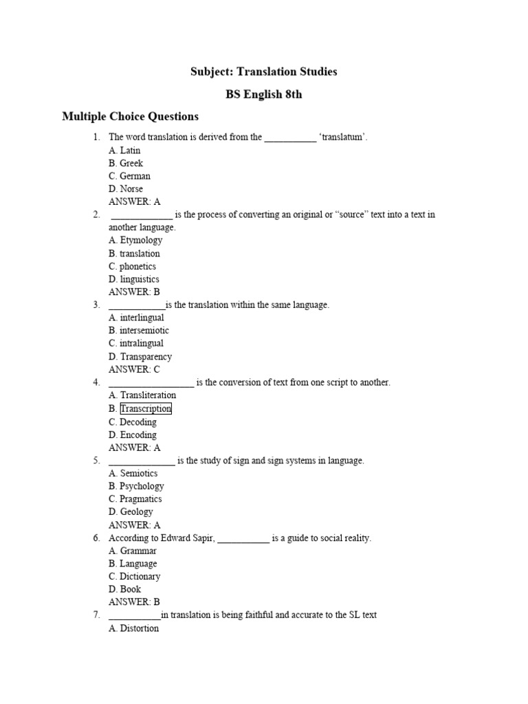 Translation Studies MCQs Eng 8th | PDF | Translations | Poetry