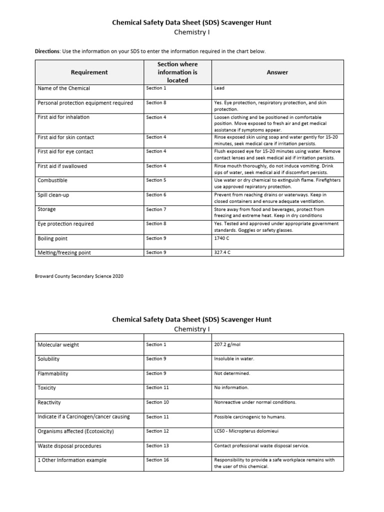 Science SDS Scavenger Hunt | Download Free PDF | Water | Occupational ...