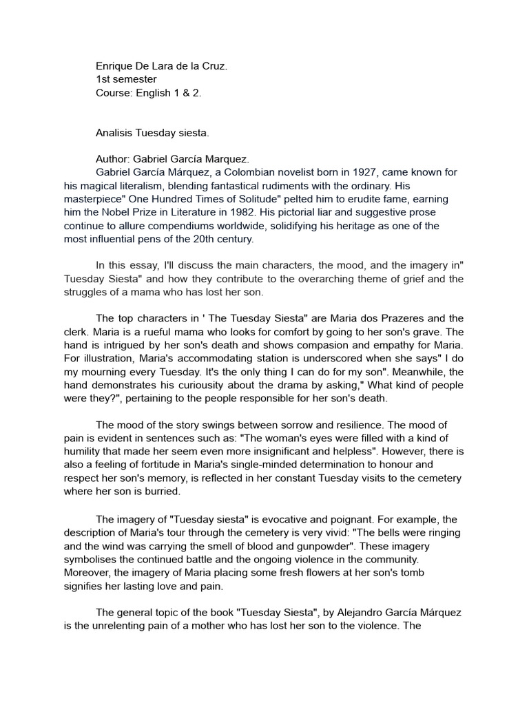 Analisis Tuesday siesta (Project unit 1 English 1 & 2) | PDF | Gabriel ...