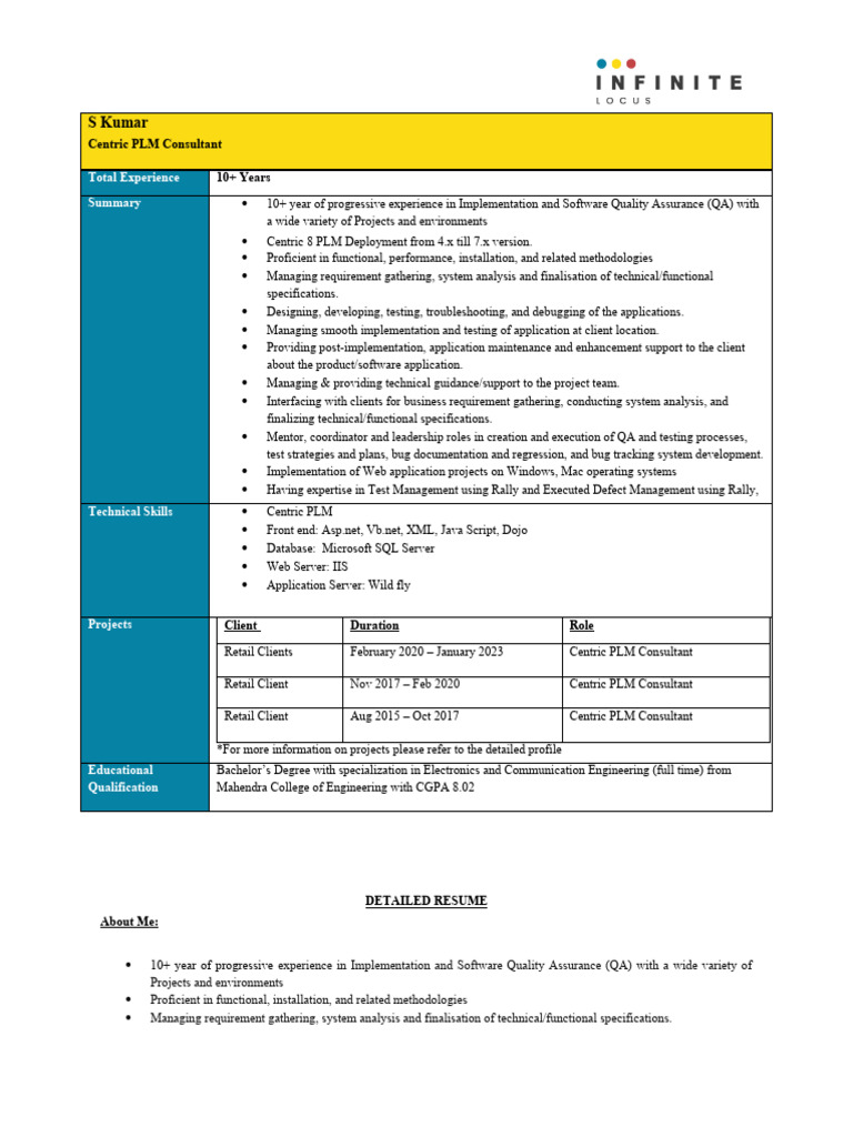 CV - S Kumar - Centric PLM - IL (1) Aa | PDF | Product Lifecycle | Software Development Process