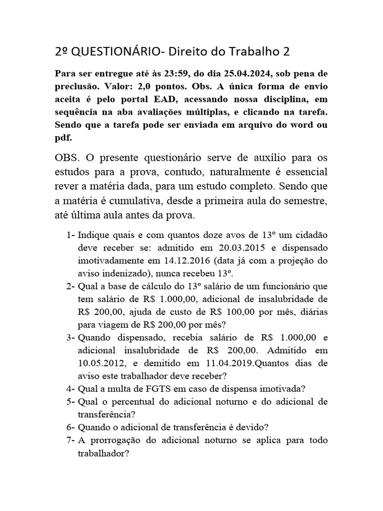 A2 - 2º Questionário Trabalho 2 | PDF | Férias trabalhistas | Expediente