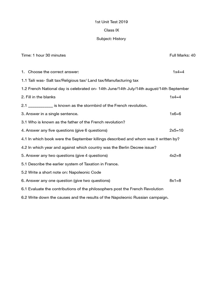 Class 9 History 1st Unit Test Paper | PDF