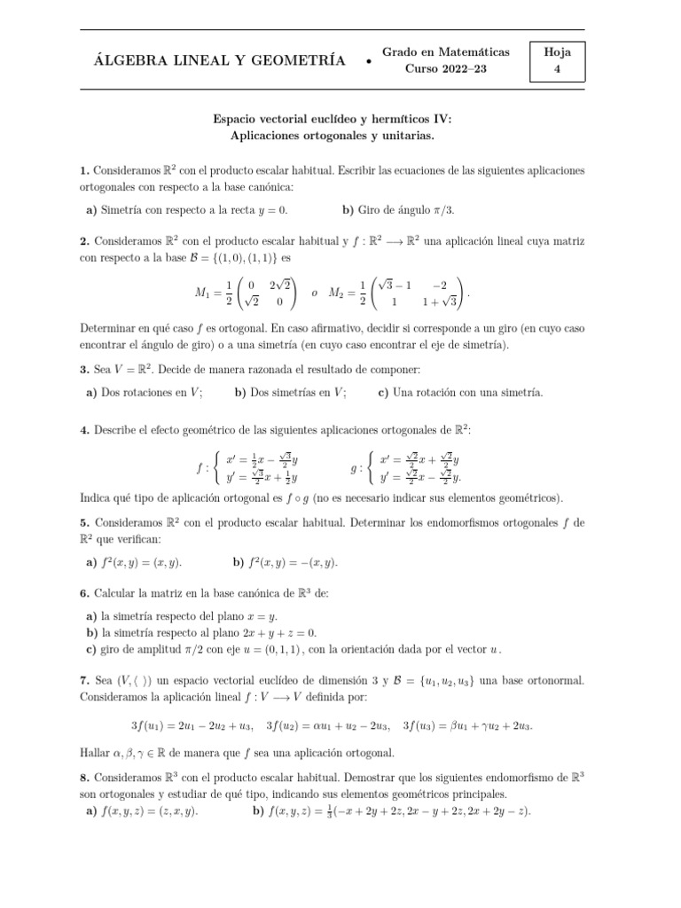 Hoja4 ALG 22 23 | PDF | Vector Euclidiano | Ortogonalidad