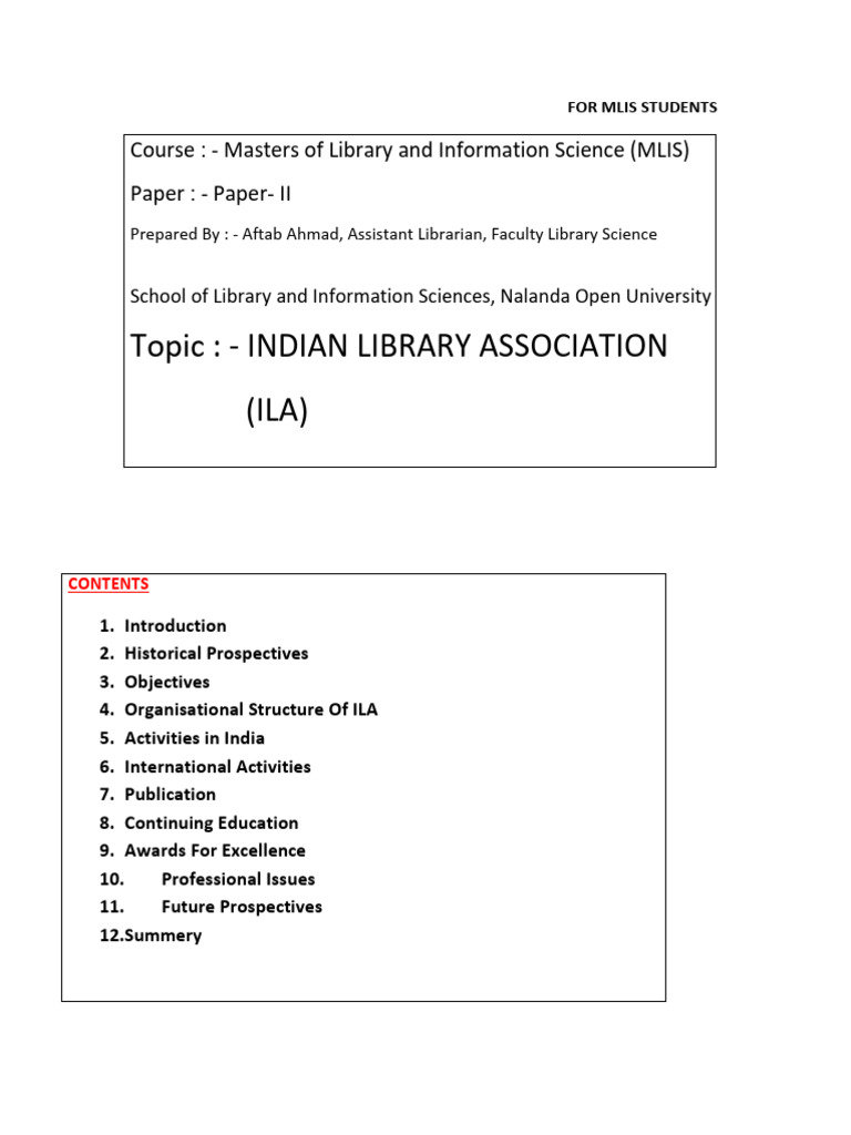 Indian Library Association For Mlis Student | PDF | Libraries | Librarian
