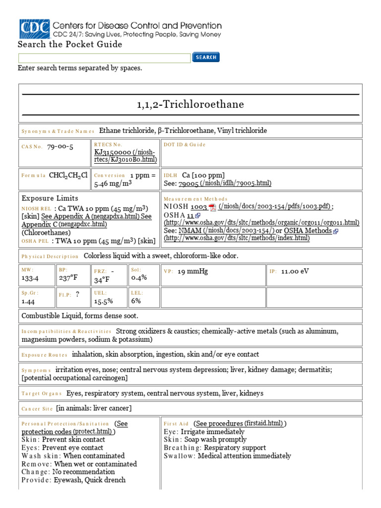CDC - NIOSH Pocket Guide To Chemical Hazards - 1,1,2-Tri | Download ...