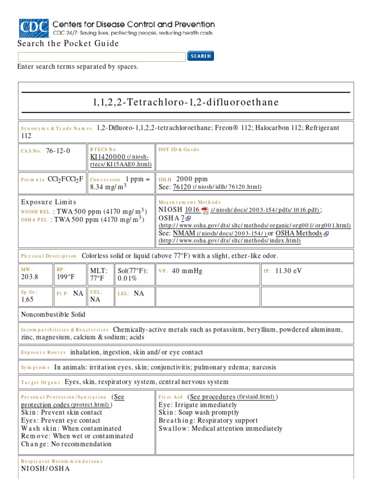 CDC - NIOSH Pocket Guide to Chemical Hazards - 1,1,2,2-Tetra | PDF ...