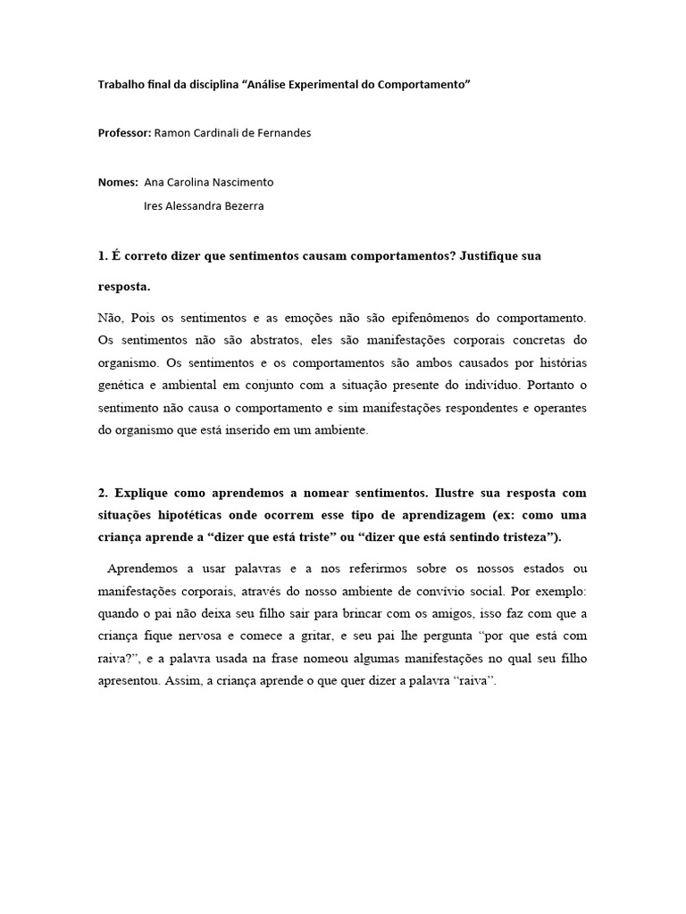 Trabalho Final Da Disciplina | PDF | Comportamento | Sentimento