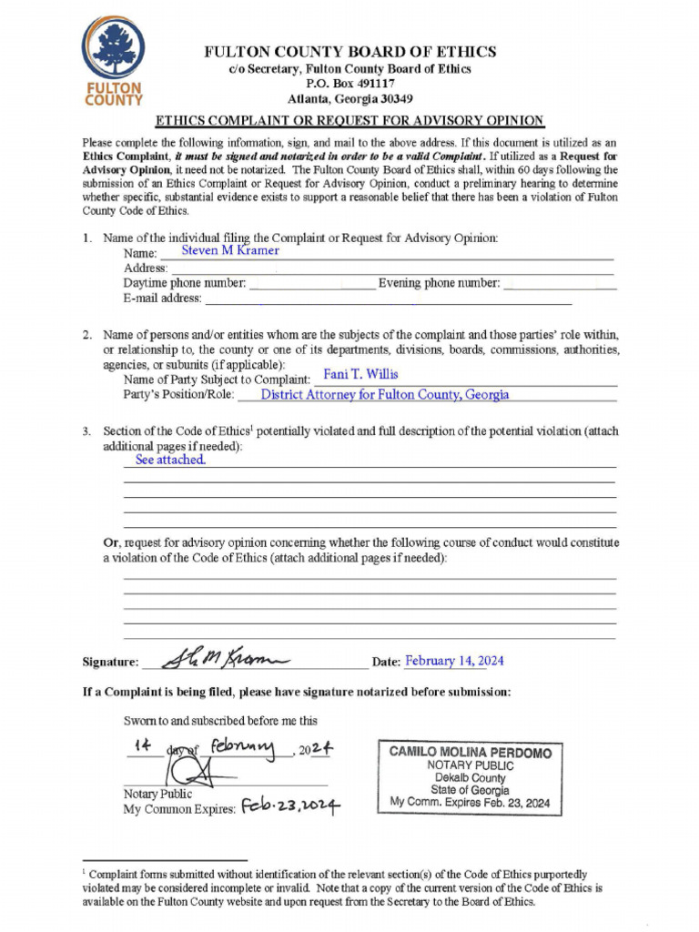 Steven Kramer Fani WIllis Ethics Complaint Fulton County Board of Ethics | PDF | Racketeer ...