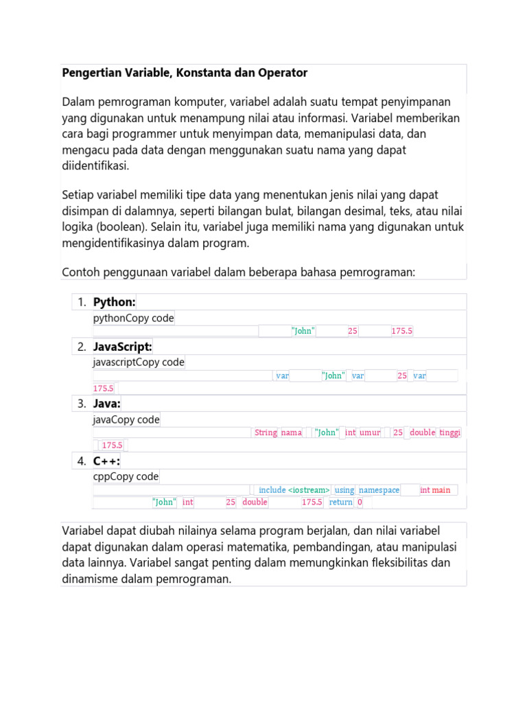 Pengertian Variabel, Konstanta Dan Operator | PDF