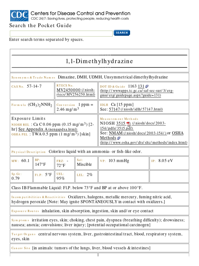 CDC - NIOSH Pocket Guide To Chemical Hazards - 1,1-Dimethylh | PDF
