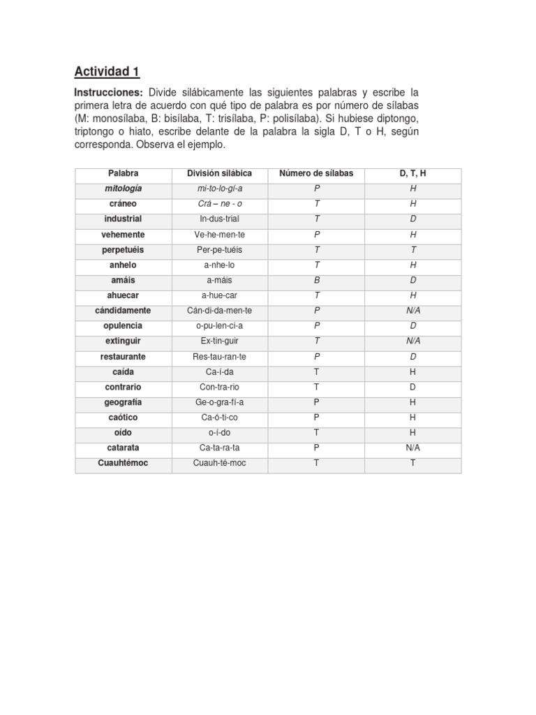 Ejercicios de separación silábica y acentuación | PDF | Fonética ...