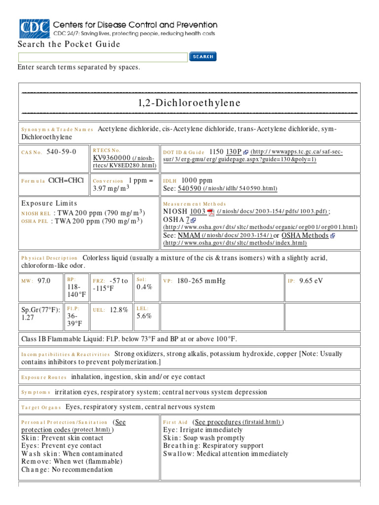 CDC - NIOSH Pocket Guide To Chemical Hazards - 1,2-Dichloroe | Download ...