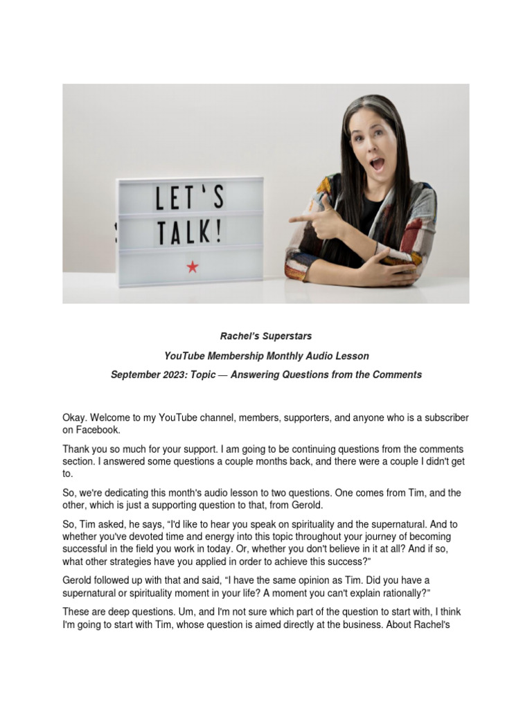 Rachels Superstars Lesson September 2023 PDF | PDF | Experience | Dream