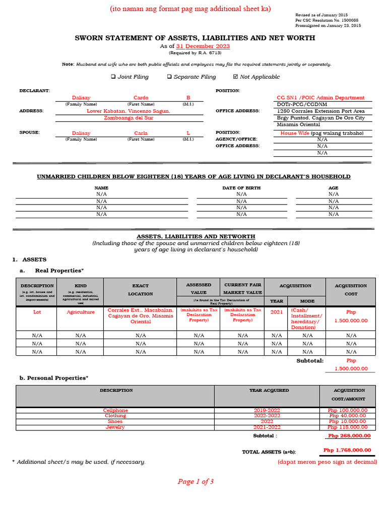 SALN Format and Sample for Teachers | PDF | Financial Accounting | Money