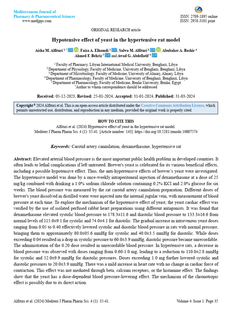 Hypotensive Effect of Yeast in The Hypertensive Rat Model | PDF | Blood ...