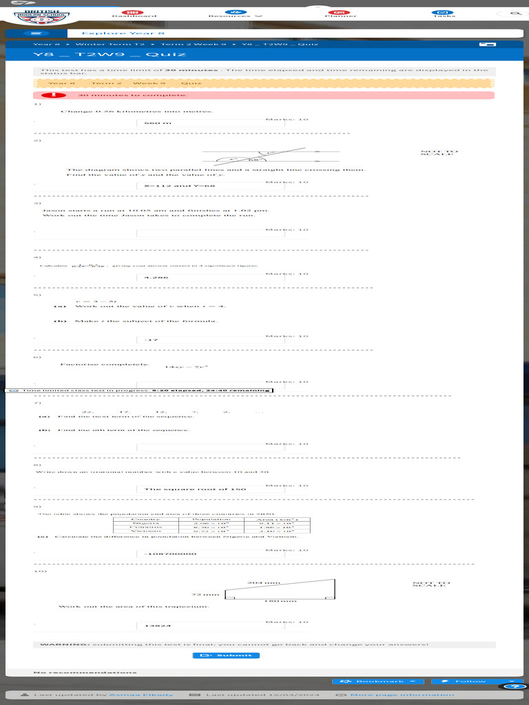 Y8 - T2W9 - Quiz - British Modern School | PDF