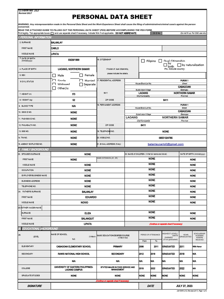 CS Form No. 212 Personal Data Sheet Revised 2023 | PDF | Justice ...
