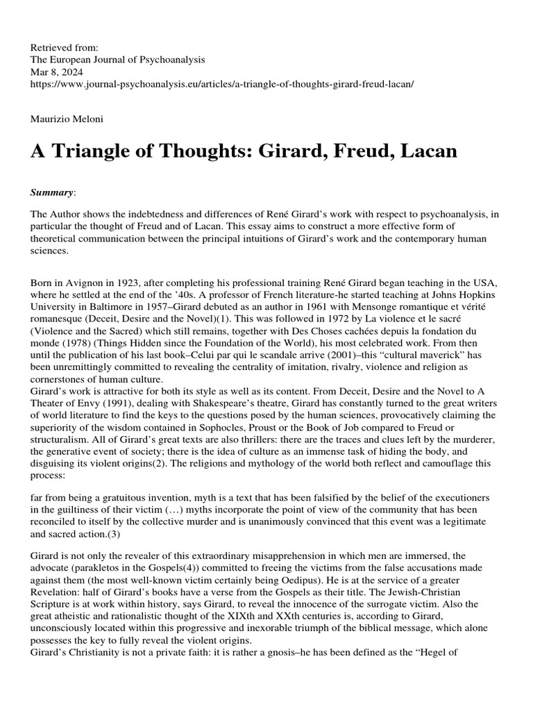 A Triangle of Thoughts Girard Freud Lacan | PDF | Oedipus Complex ...