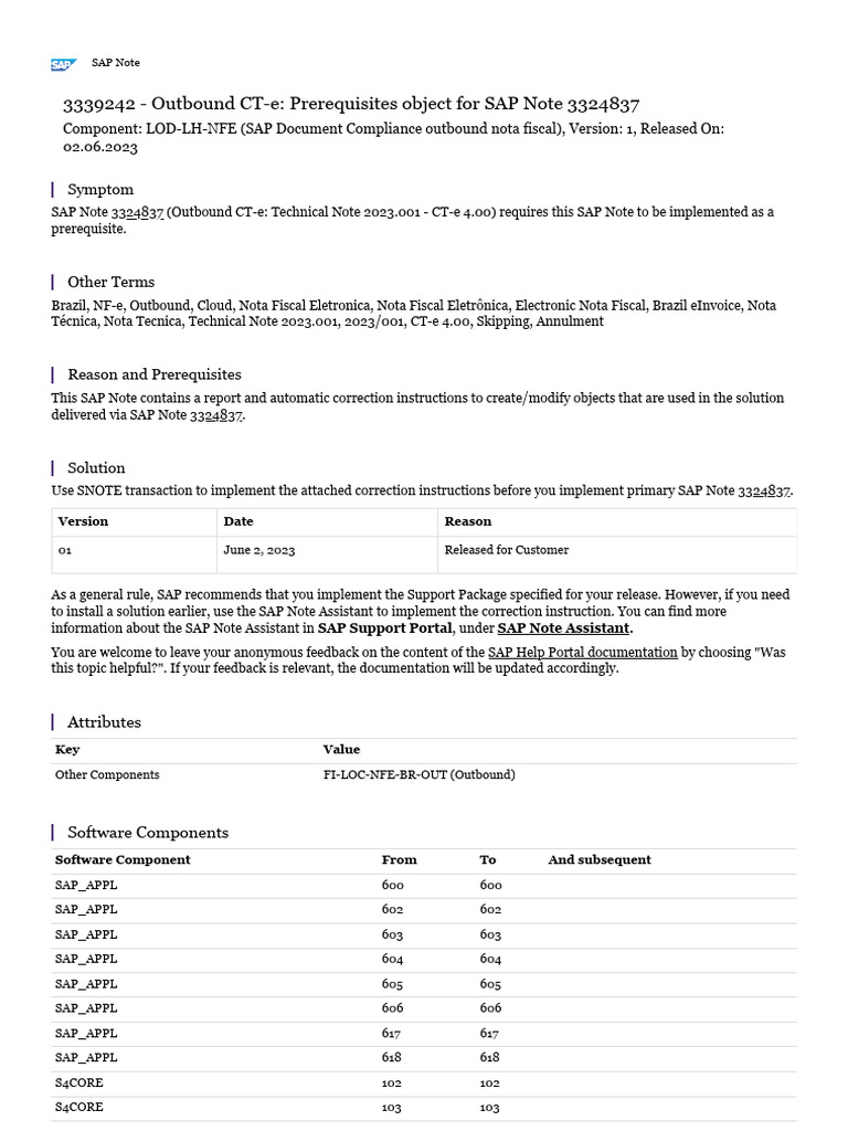 Outbound CT-e: Prerequisites Object For SAP Note 3324837 | Download ...