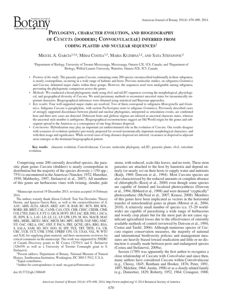 American J of Botany - 2014 - Garc A - Phylogeny Character Evolution ...