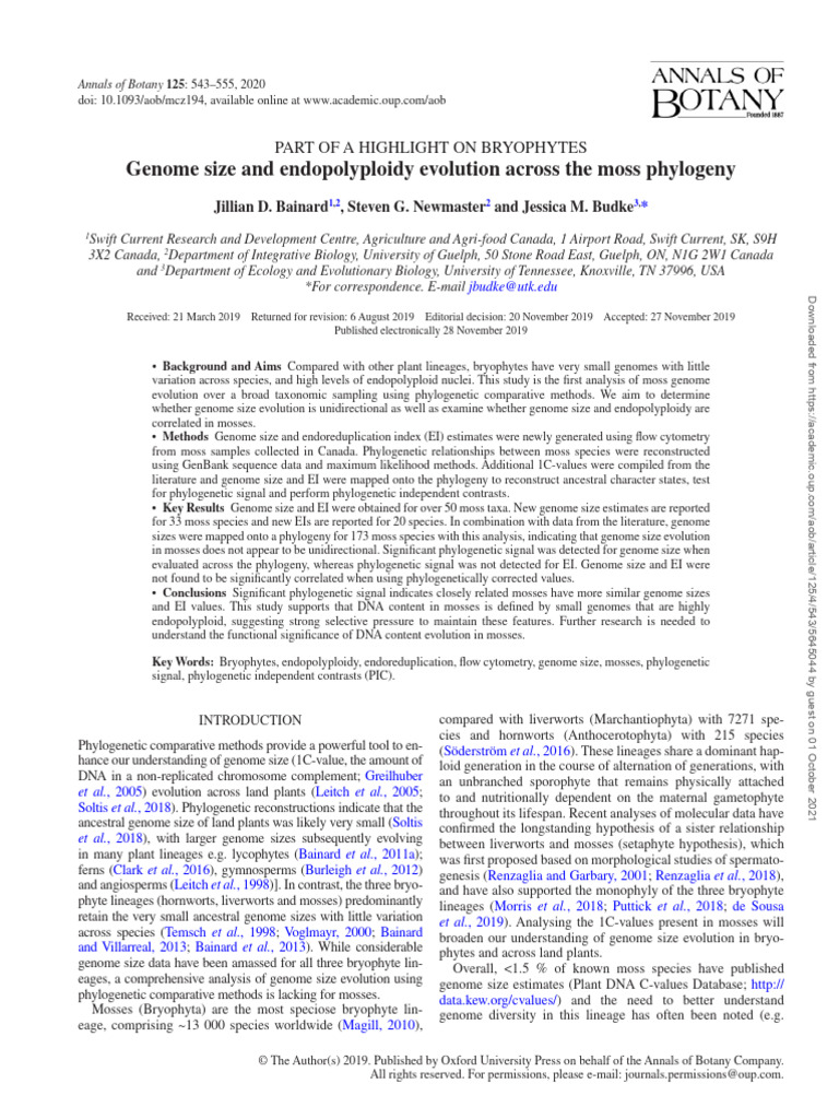 Bainard Et Al 2020. Genome Size and Endopolyploidy Evolution Across The Moss Phylogeny | PDF ...