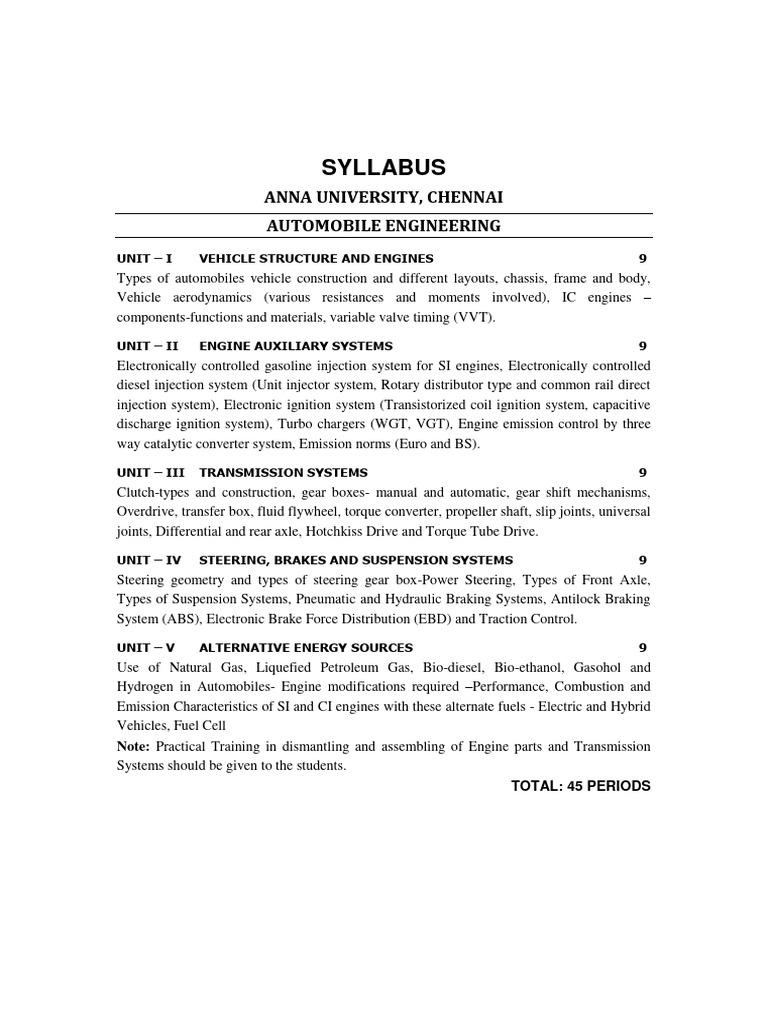 CME380 AUTOMOBILE ENGINEERING Syllabus | PDF