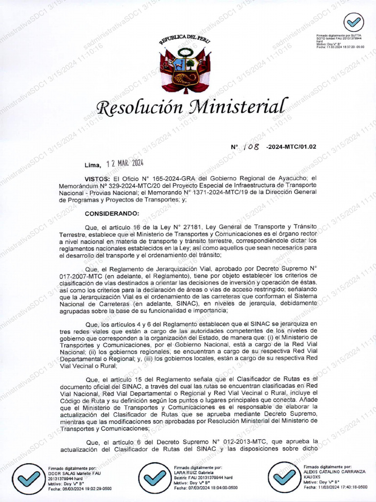 Resolucion Ministerial 108-2024-MTC - 01.02 | PDF