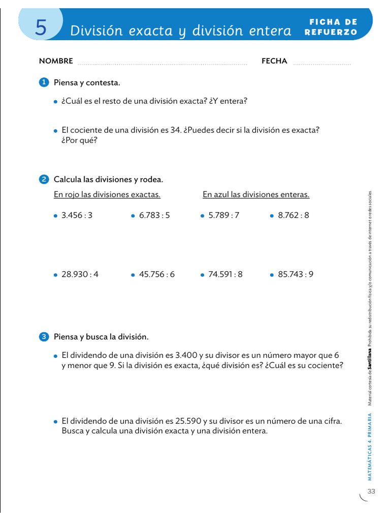 Divisiones Exactas y Enteras en 5° | PDF | Historia