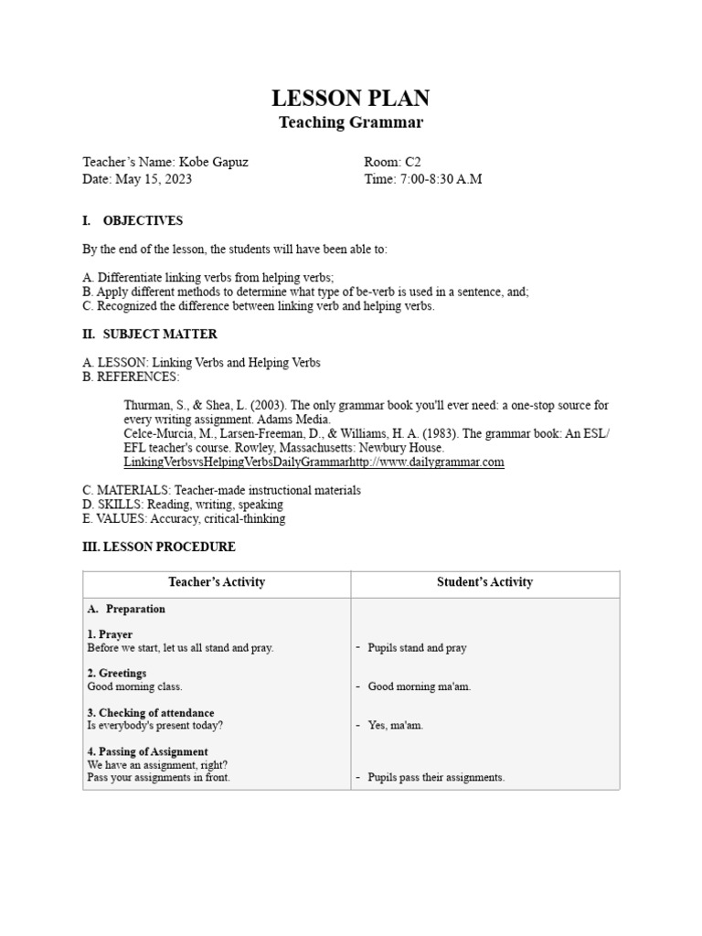 Linking vs Helping Verbs Lesson Plan | PDF | Verb | Subject (Grammar)