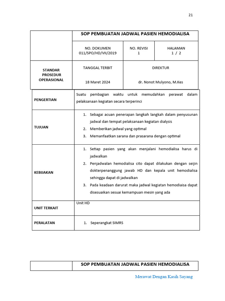 SOP Jadwal Pasien Hemodialisa 2024 | PDF | Sains & Matematika