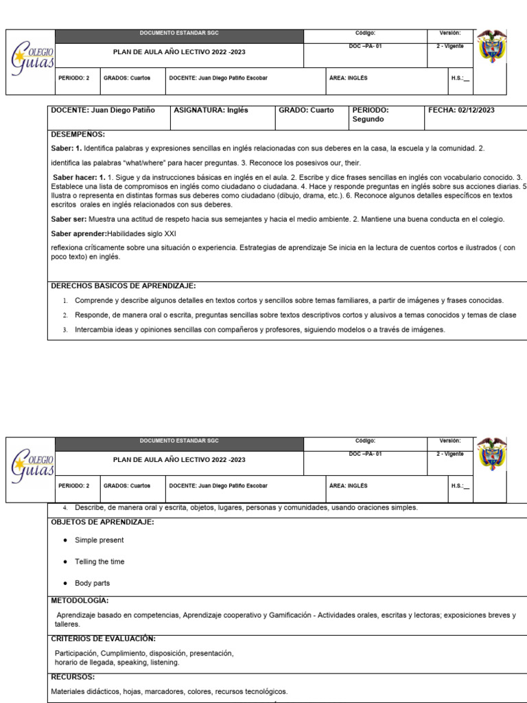 Grado 3ro - Plan de Aula (2do Periodo) 2023-2024 | PDF | Maestros | Aprendizaje