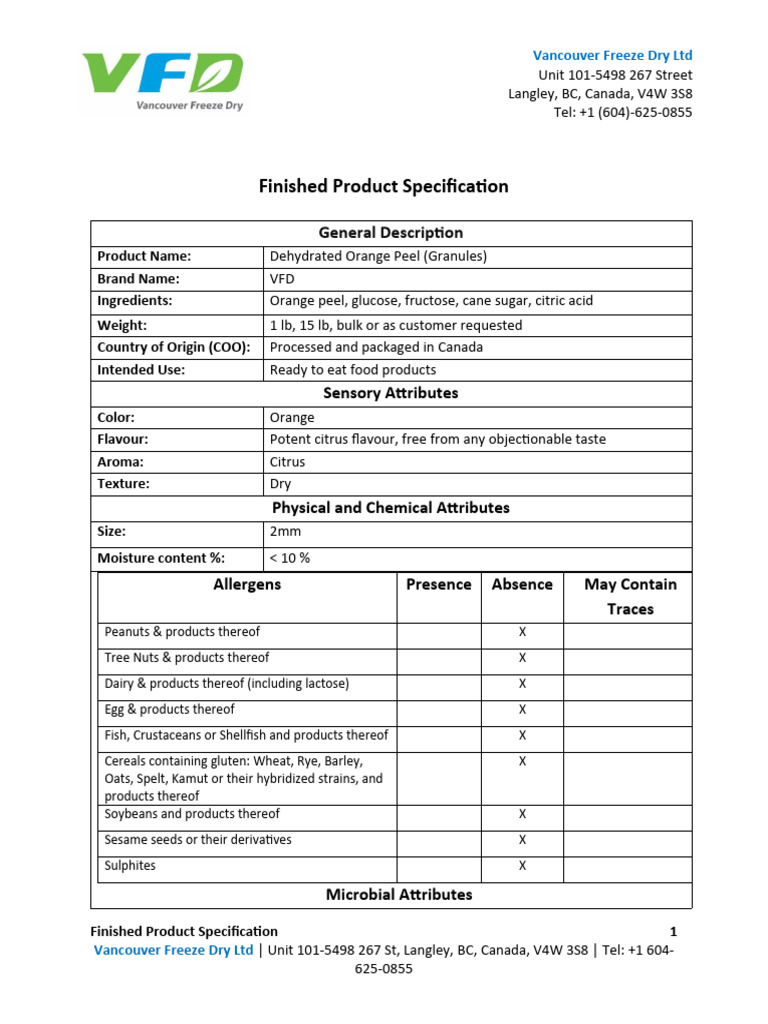 Orange Peel (Granules) Spec | PDF | Orange (Fruit) | Food Science