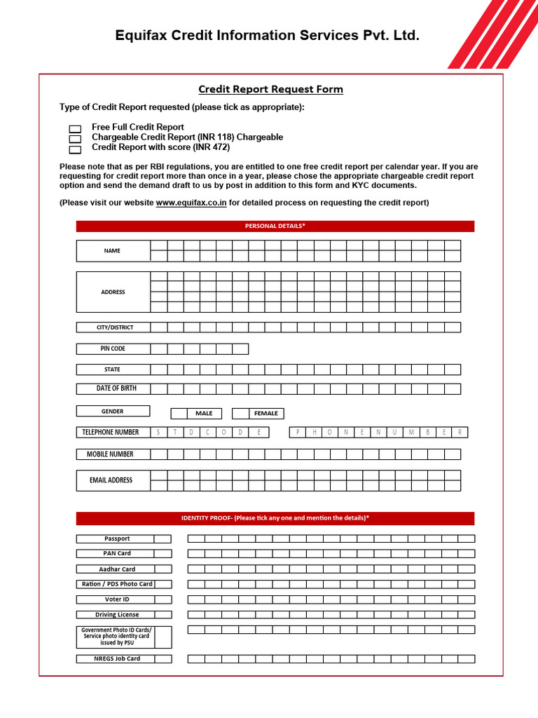 Equifax India Credit Report Request Form | PDF | Credit History | Legal ...