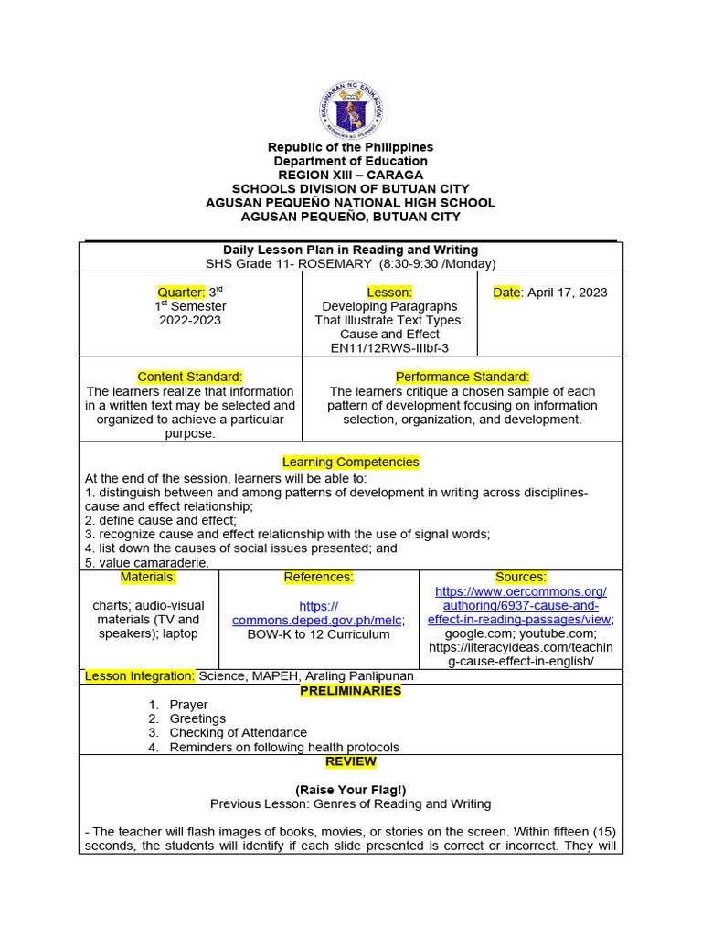 LP Cot | PDF | Causality | Literacy