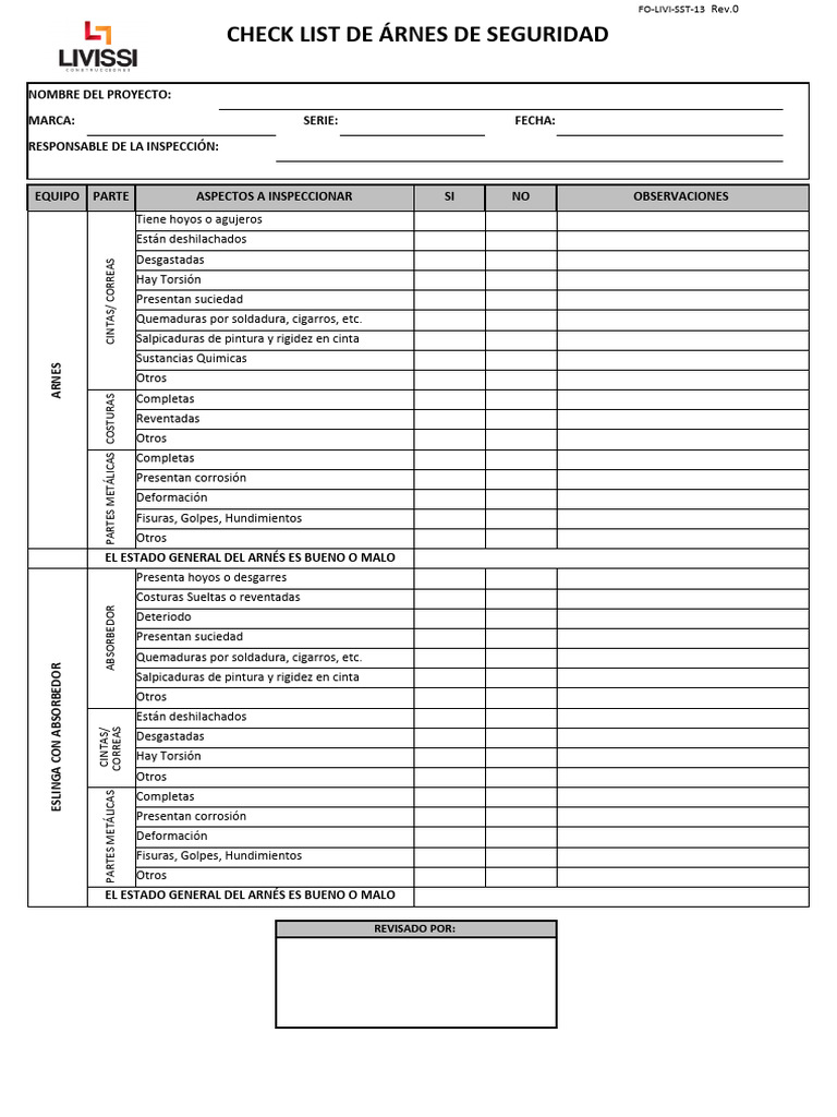 Fo 13 Check List Arnes de Seguridad | PDF | Materiales | Procesos ...