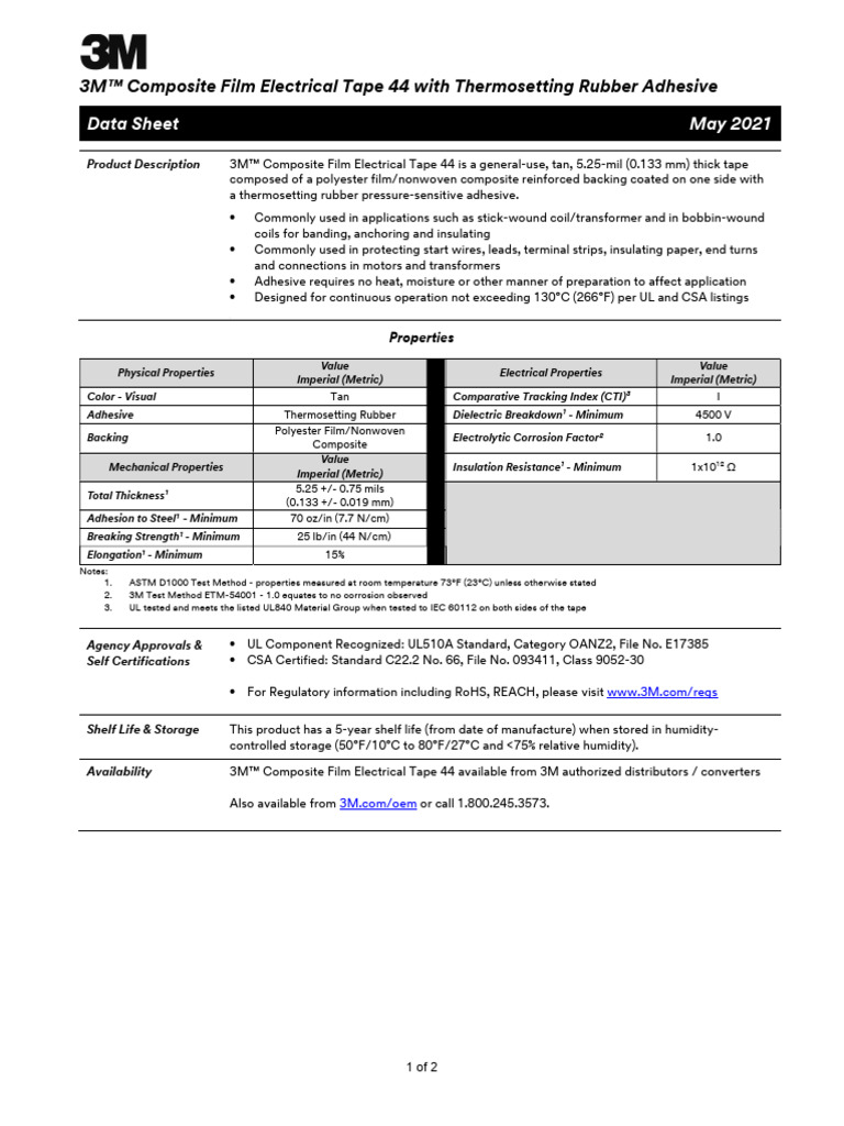 3M - Composite Film Electrical Tape 44 - Data Sheet - 78-8124-4753-6-E ...