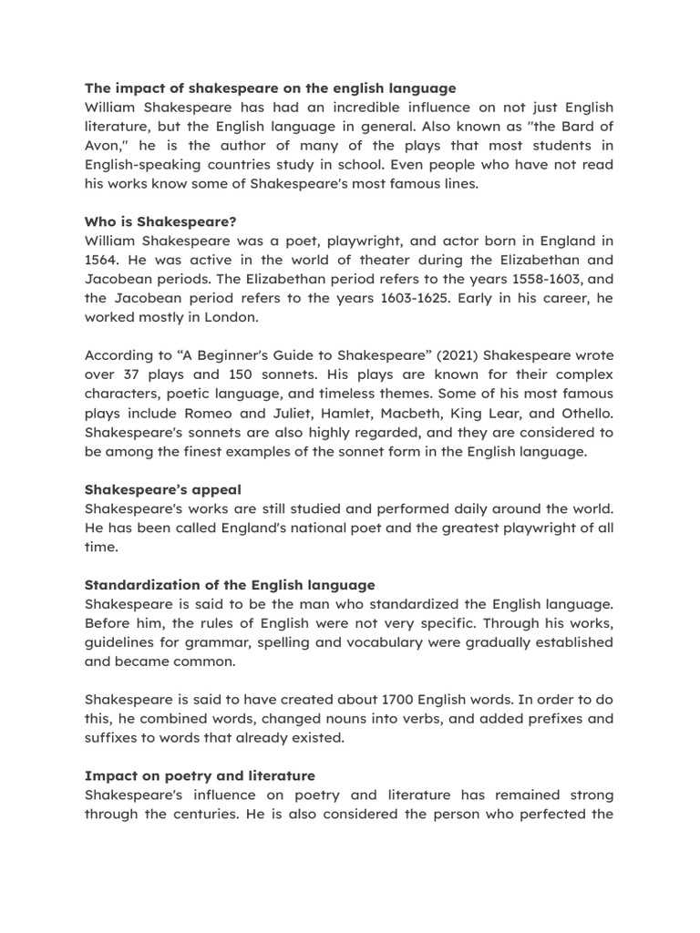 The Impact of Shakespeare On The English Language - English Project ...