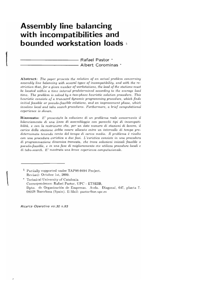 Practica 02 Assembly Line Balancing With Incompatibilities And Bounded Workstation Loads Pdf