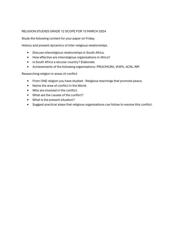 Grade 12 Religion Studies Exam Scope | PDF