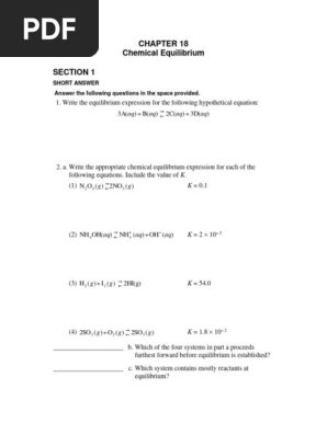 Chapter 18 Chemical Equilibrium Worksheet Gr. 12 Chemical Systems And