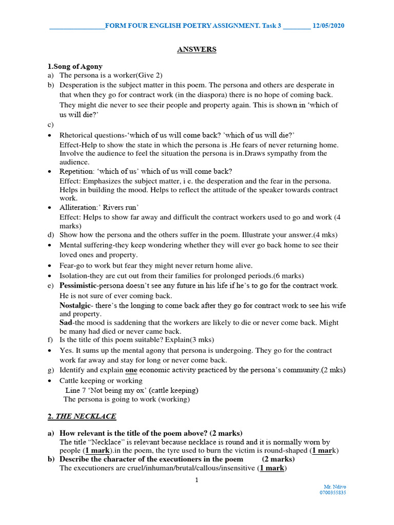 Answers To FORM FOUR ENGLISH POETRY ASSIGNMENT. Task 3 | PDF | Poetry