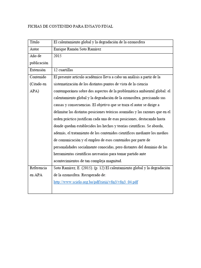 Fichas de Contenido para Ensayo Final | PDF | Cambio climático | Entorno natural