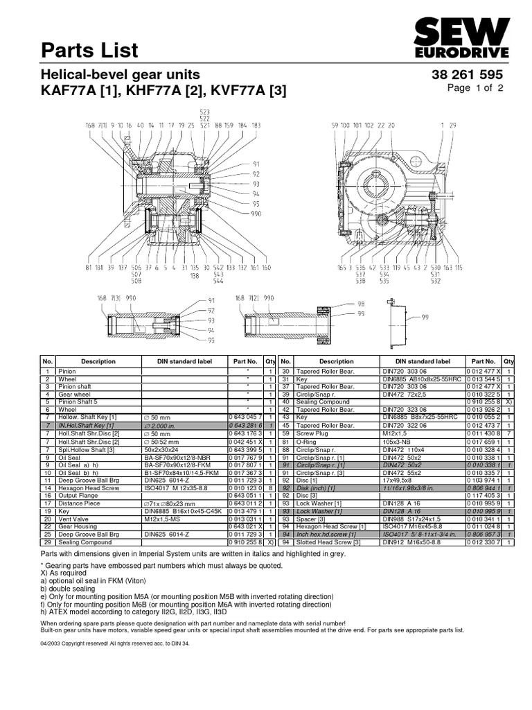 SEW KAF77 Parts List | PDF | Gear | Manufactured Goods
