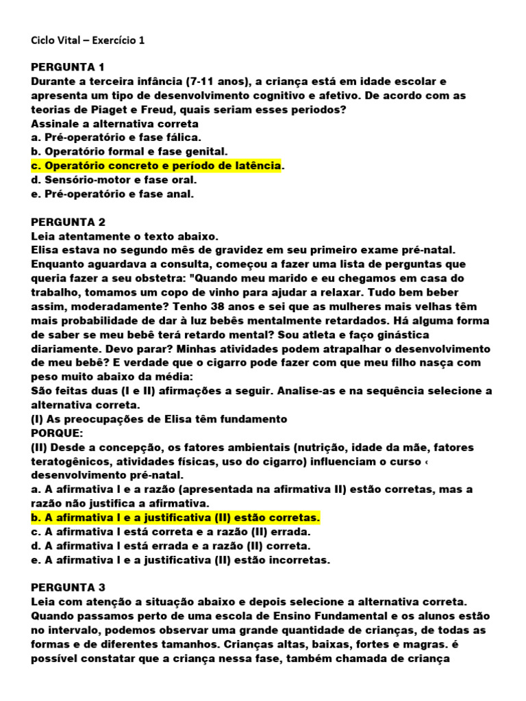 Exercício 1 - Ciclo Vital | PDF | Gravidez