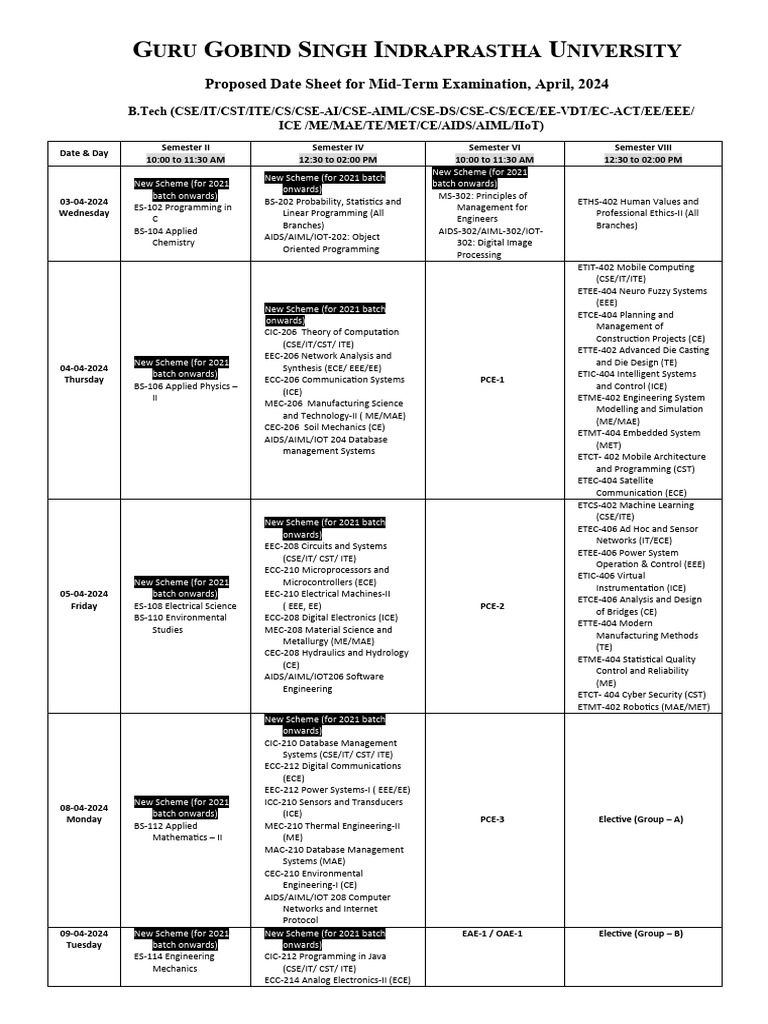 B.Tech Mid-Term Exam Schedule | PDF | Electronic Engineering | Internet Of Things