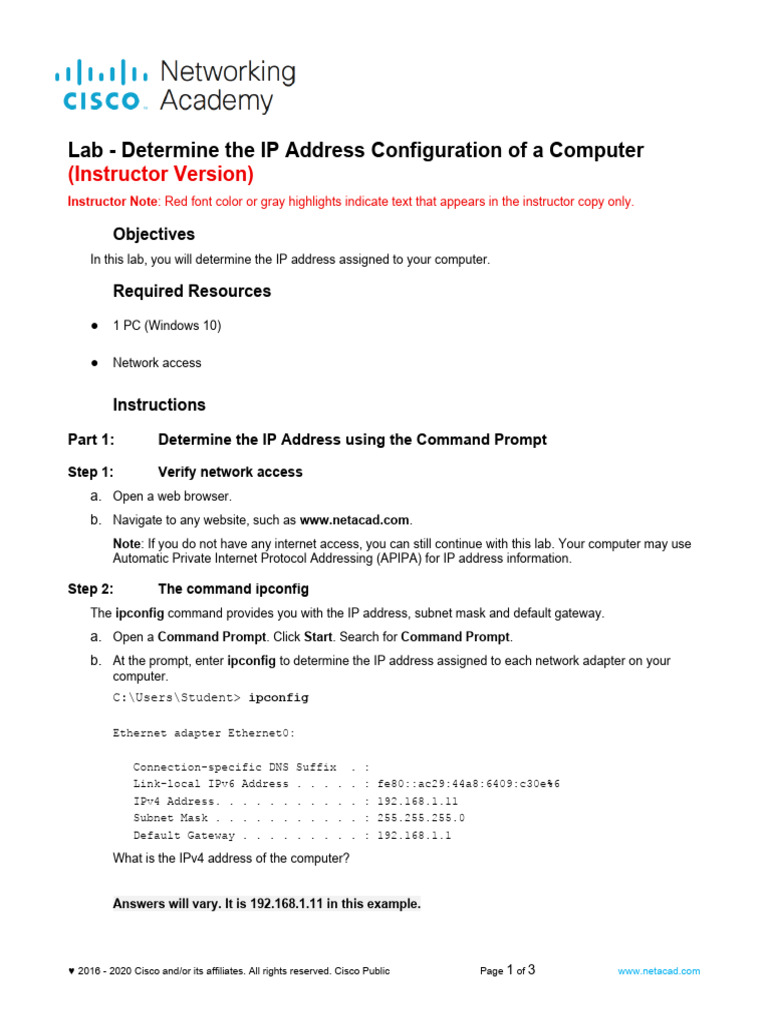 2 2 7 Lab Determine Ip Address Configuration Of A Computer Ilm Pdf Ip Address