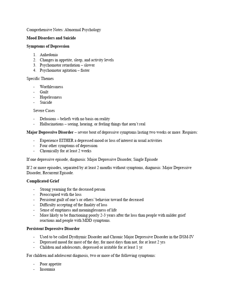 AbPsychCompreNotes_Calo | PDF | Mania | Major Depressive Disorder