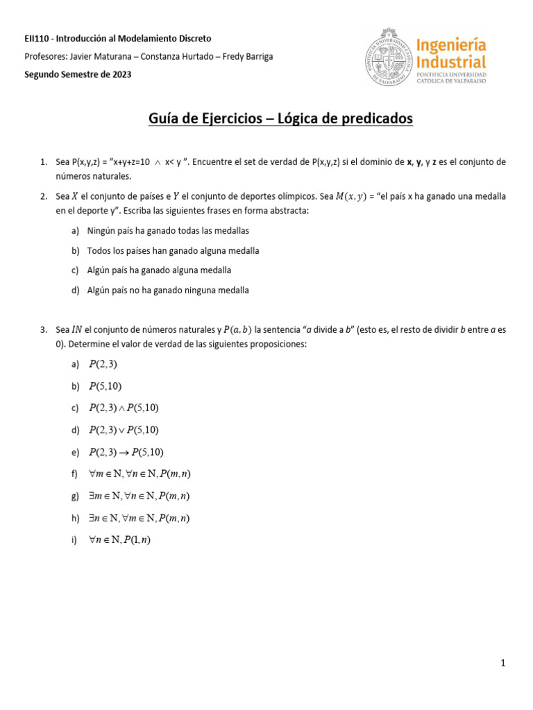 02 Guía Lógica de Predicados - EII110 2S2023 | PDF | Lógica matemática ...