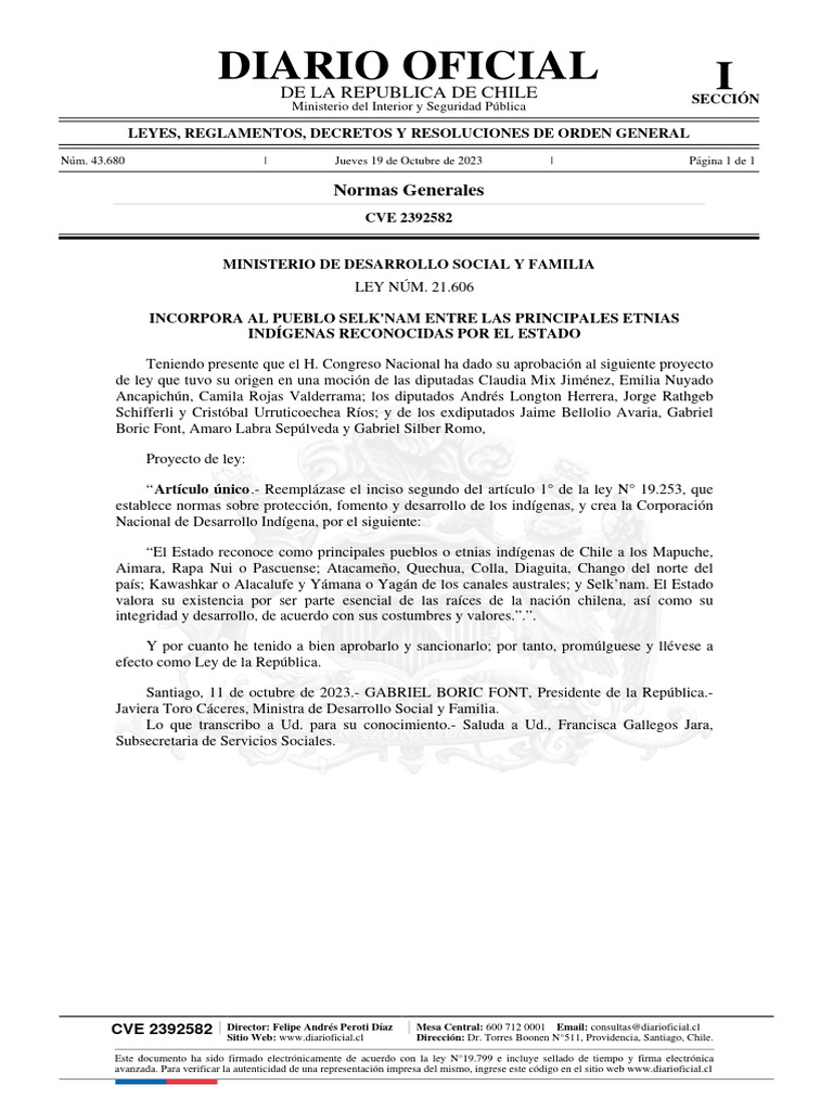 Ley 21.606 Incorpora Al Pueblo Selk'nam Entre Las Principales Etnias Indígenas Reconocidas Por ...